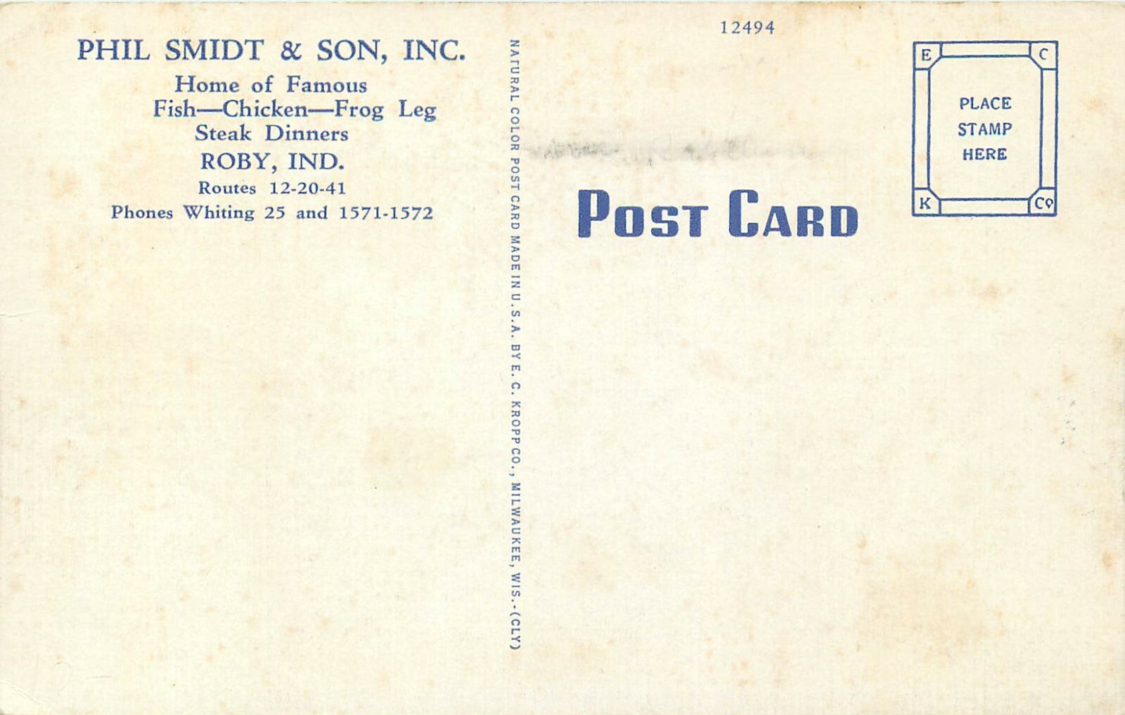 ROBY, INDIANA - PHIL SMIDT & SON ROADSIDE RESTAURANT - VINTAGE LINEN ...