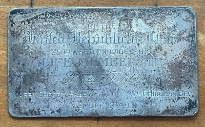 1931 Philadelphia United Republican Club - Engraved Metal Membership ...