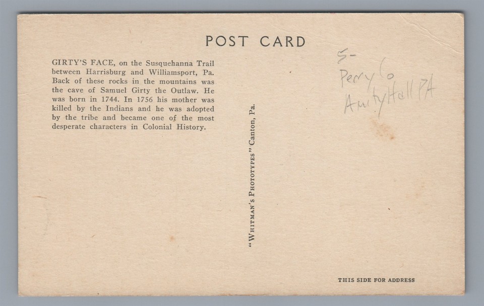 Girty's Face AMITY HALL PA Duncannon Perry County Pennsylvania Postcard ...