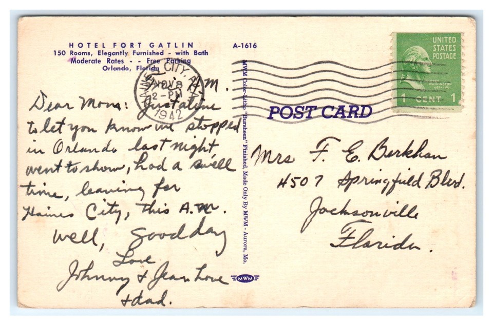 ORLANDO, FL Postcard - THE HOTEL FORT GATLIN ORLANDO | eBay