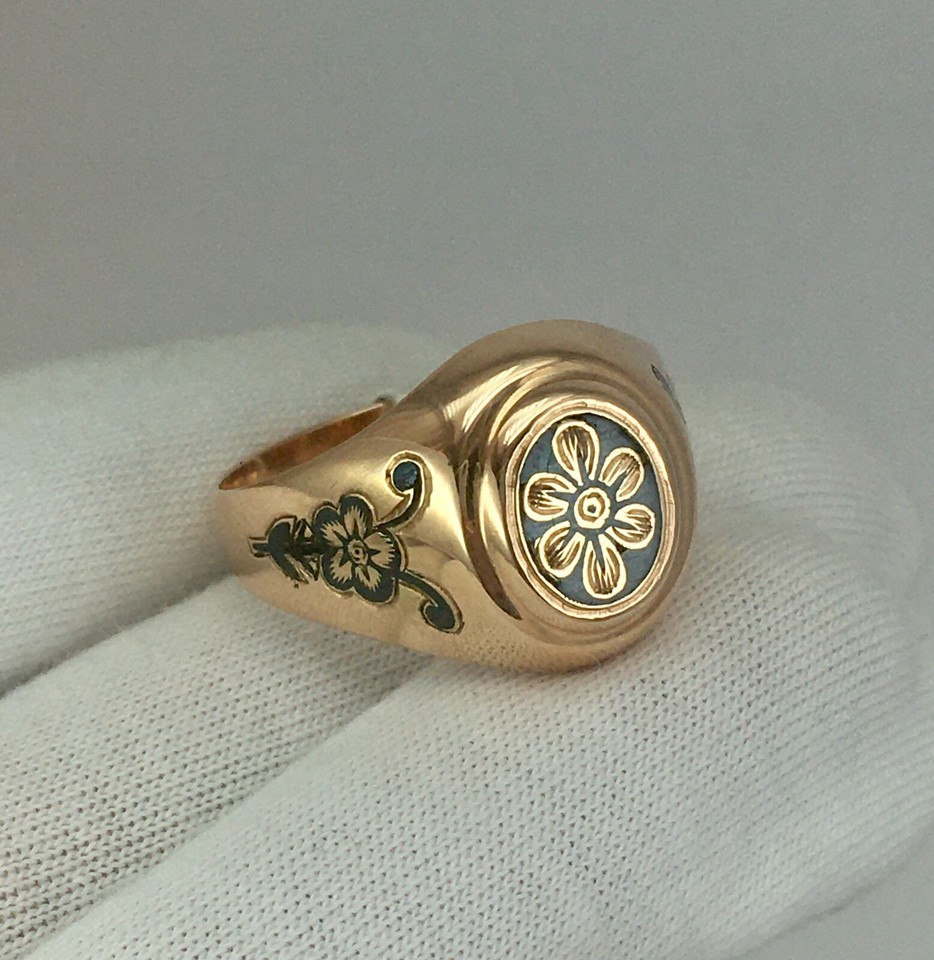 USSR Vintage Original Solid Rose Gold Enamel Ring 583 14K 4.70 g. 10 3/ ...