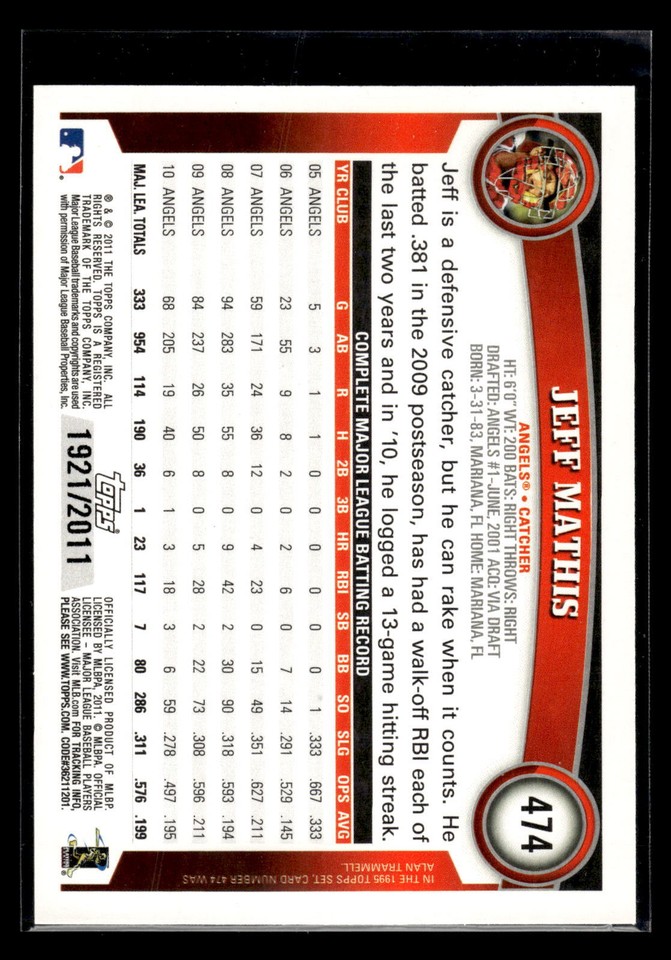 2011 Topps #474 Jeff Mathis /2011 Gold Los Angeles Angels Mint+ New | eBay