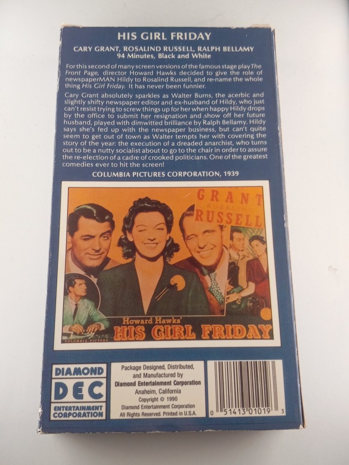 His Girl Friday (VHS) 1940 Cary Grant, Rosalind Russell, Ralph Bellamy ...