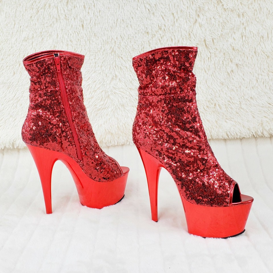 Adore 1008SQ Red Sequin Ankle Boot 7" Chrome Platform Stiletto Heel ...