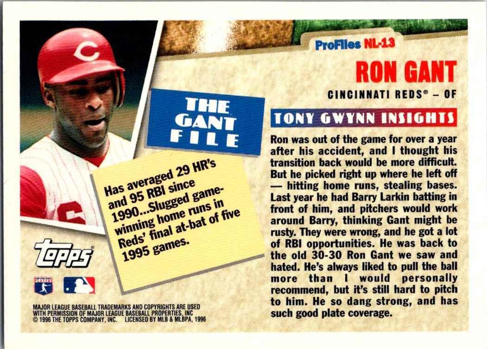 1996 Topps Profiles by Tony Gwynn NL Ron Gant Cincinnati Reds #NL-13 | eBay