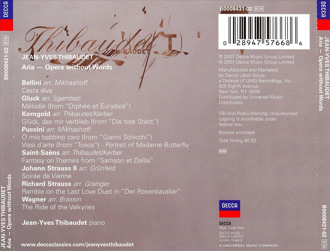 JEAN-YVES THIBAUDET ARIA: OPERA WITHOUT WORDS NEW CD 28947576686| eBay