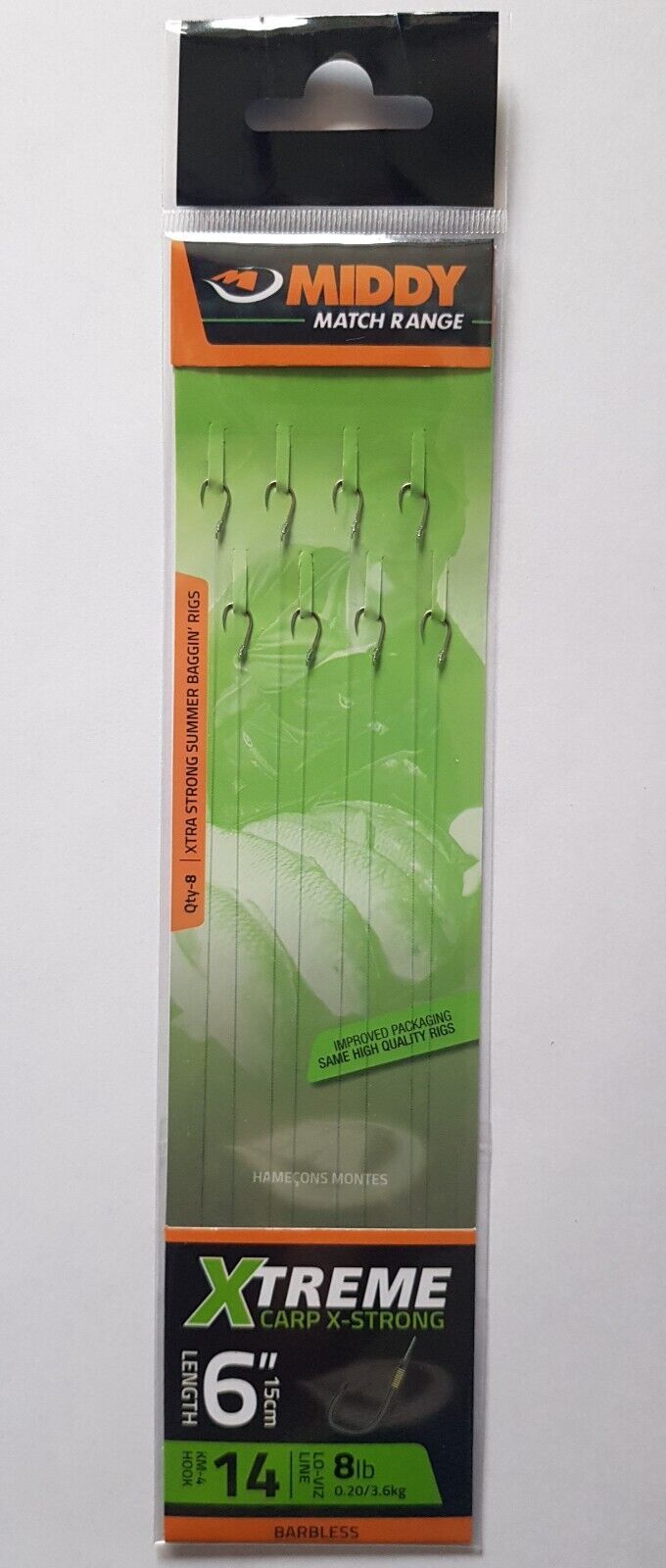 MIDDY 6" Xtreme Carp X-Strong Hooks to Nylon Barbless Rigs (8pc pkt) 16 ...