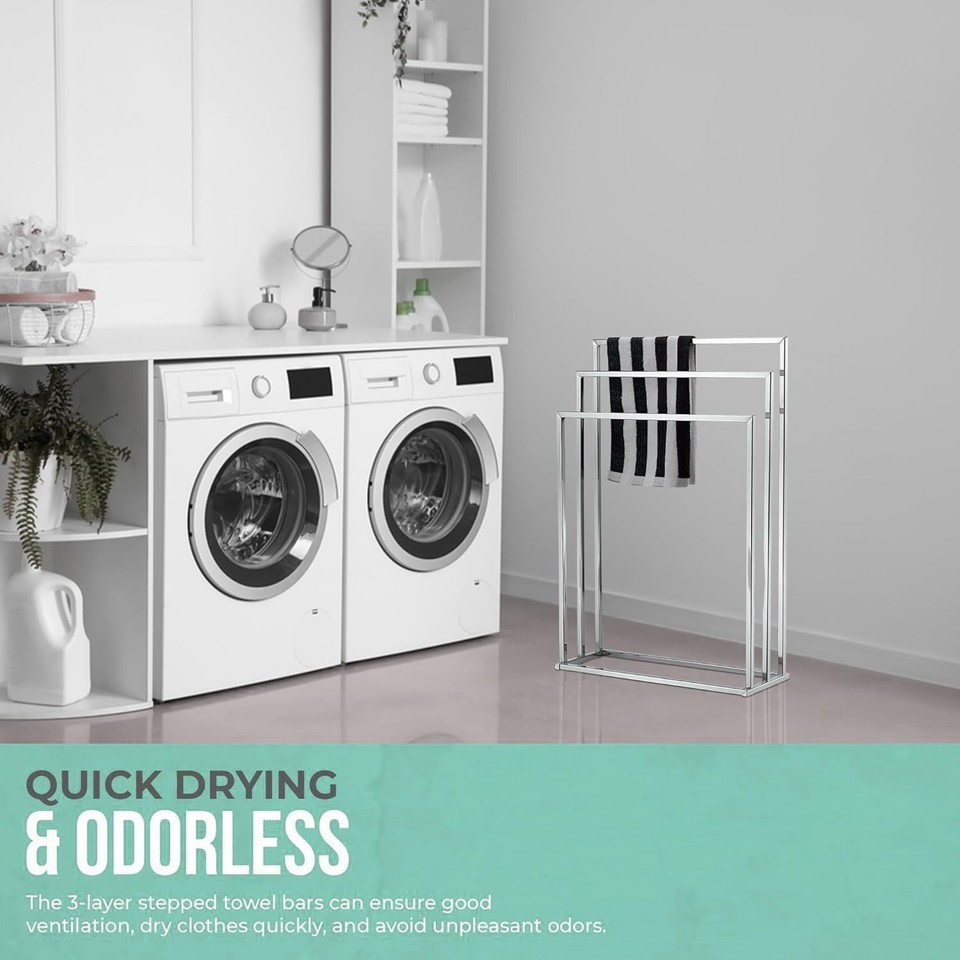 3 Tier Free Standing Towel Rail Stand Chrome Unit Rack Storage Bathroom ...
