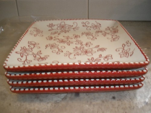 4 Temptations by Tara Old World Cranberry 6.75" Square Plates Stoneware ...