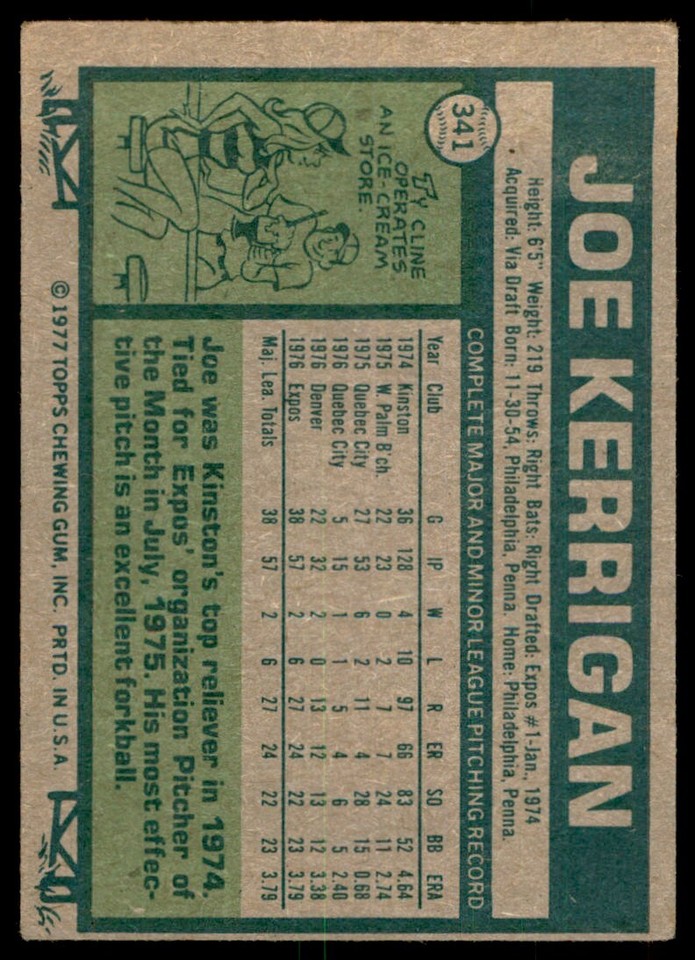 1977 TOPPS JOE KERRIGAN ROOKIE . MONTREAL EXPOS #341 | eBay