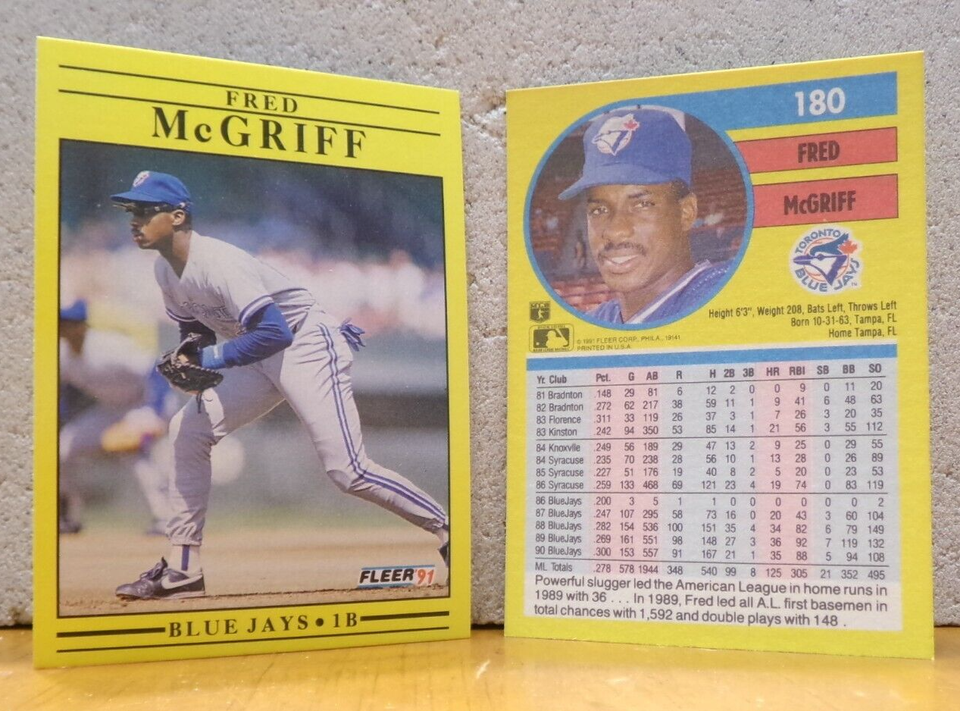 FLEER '91 BASEBALL CARD TORONTO BLUE JAYS FRED McGRIFF 1ST BASE BUY 1 ...
