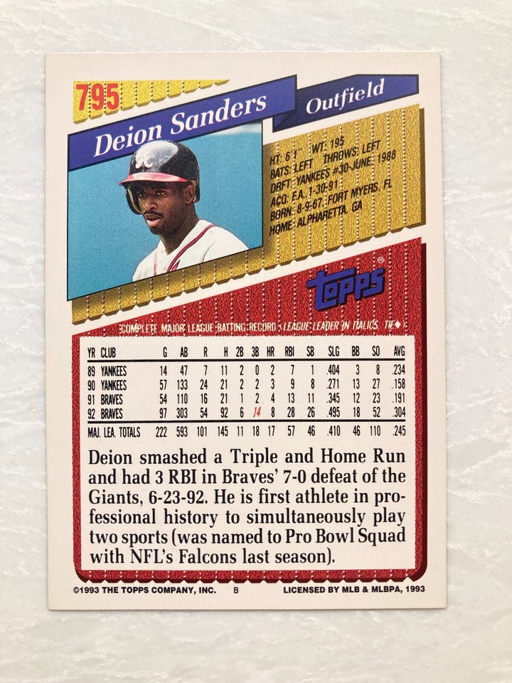 1993 Topps #795 Deion Sanders Atlanta Braves MLB Baseball Card NM/Mint ...