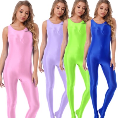 Women's Shiny Oil Silk Spandex Bodysuit Unitard Tank Catsuit Bodysuit ...