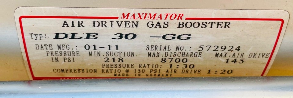 Maximator DLE 30-GG Air Driven Gas Booster 8700 PSI Max Discharge 1:30 ...