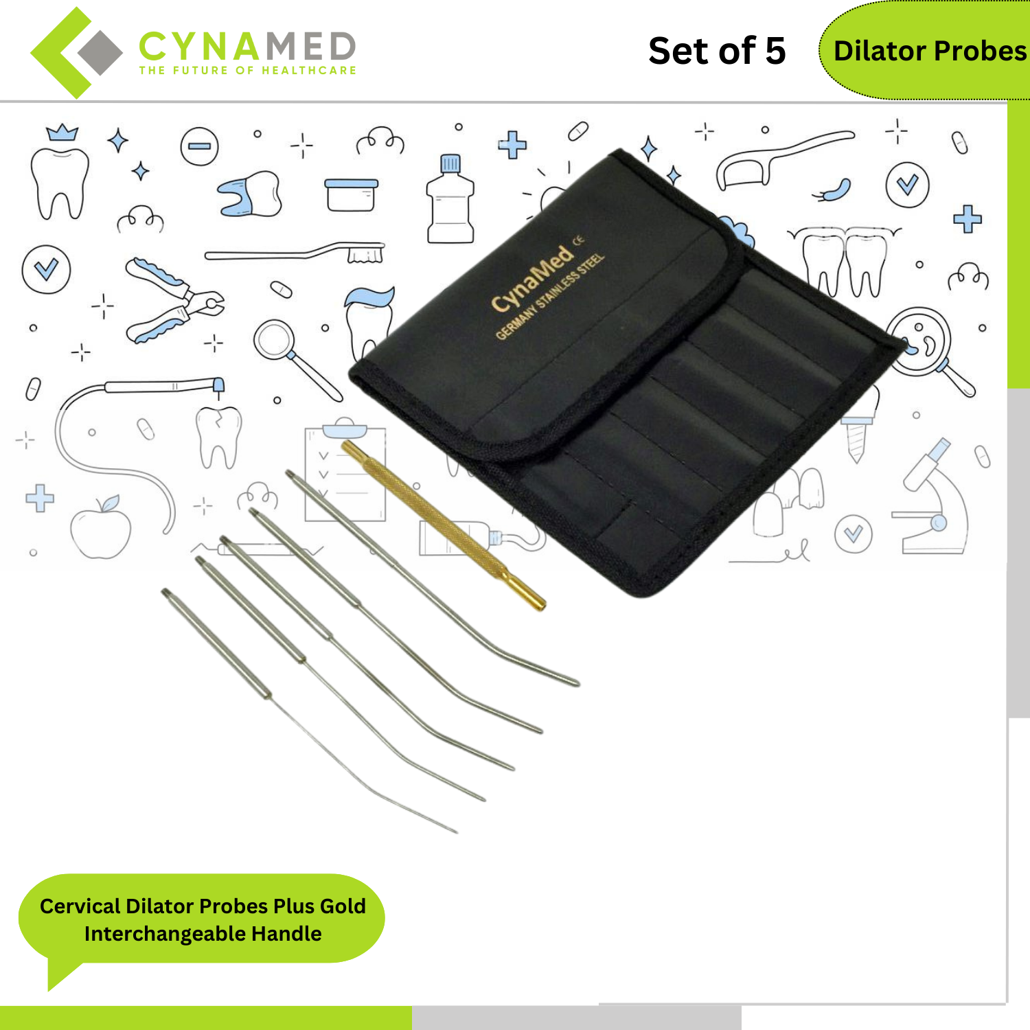 Cynamed Cervical Dilator Probes Plus Gold Interchangeable Handle Set of ...