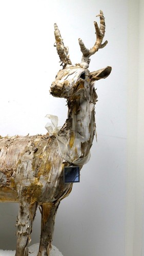 Reindeer with Paper Mache / Birch Skin & Blue Crystal/ Sterling Silver ...