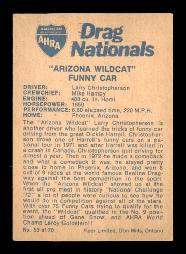 1972 Fleer AHRA Drag Nats Canadian #53 Larry Christopherson EX+ ...