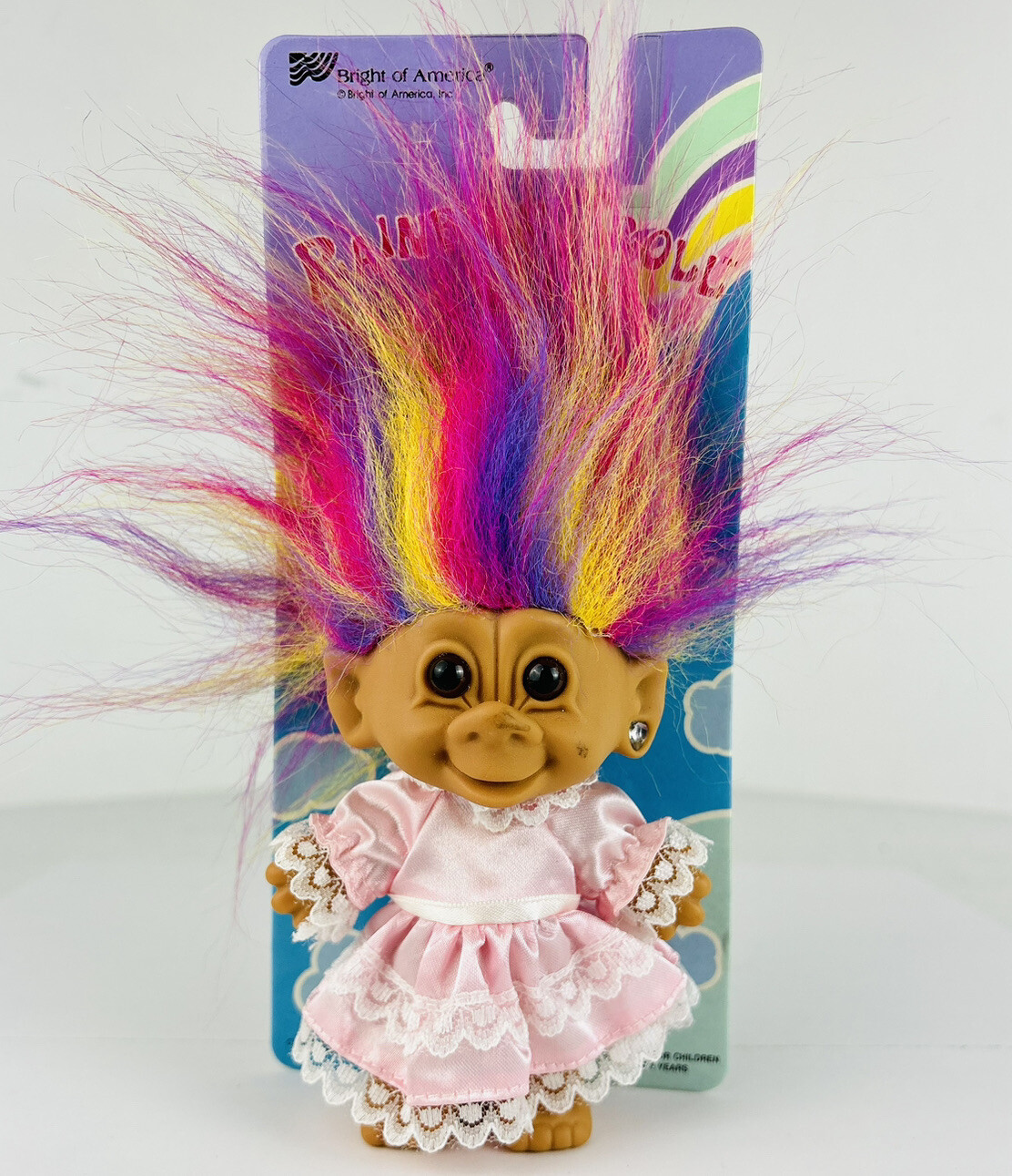 NOS Bright Of America VTG Rainbow Troll Doll Pierced Ear Pink Dress ...