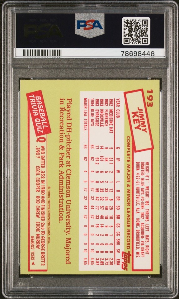 1985 Topps Tiffany #193 Jimmy Key - PSA 9 | eBay