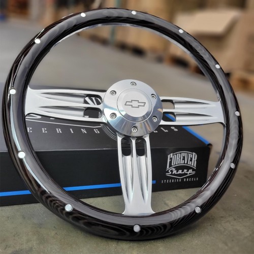 14" Inch Billet Steering Wheel Dark Pine Wood Rivet Chevy Bowtie ...