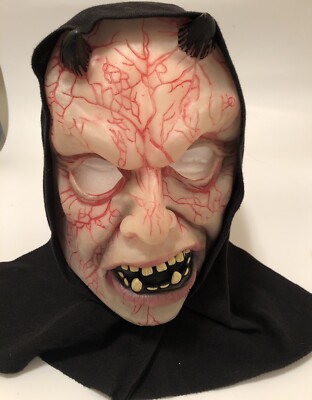 White Devil Red Vein Horns Creepy Full Head Hood Costume Monster ...