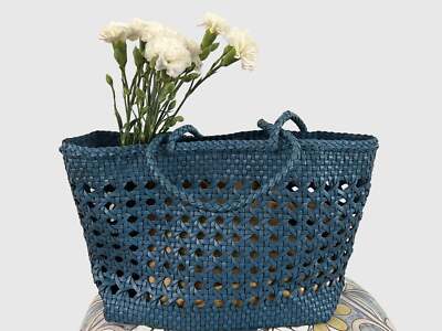 Blue Genuine Leather Hand Woven Cuboid Shaped Ladies TOTE, Open Rattan ...