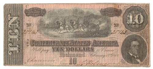 1864 $10 Ten Confederate States of America Bill Currency Bank Note ...