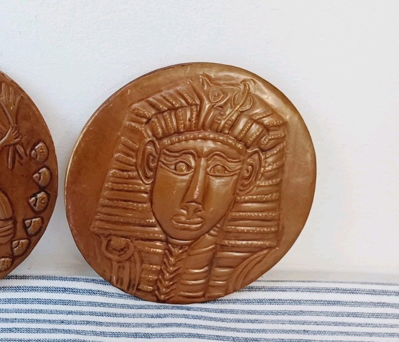 Two Vintage Brass Covered Round Tiles Repousse Egyptian Designs Wall ...