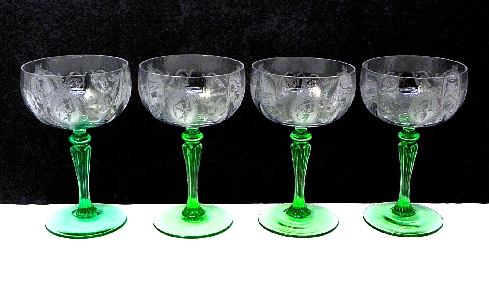 Set of 4 TIFFIN CLASSIC Dancing Nude Etch Champagne Glasses Green Uranium Stems | eBay