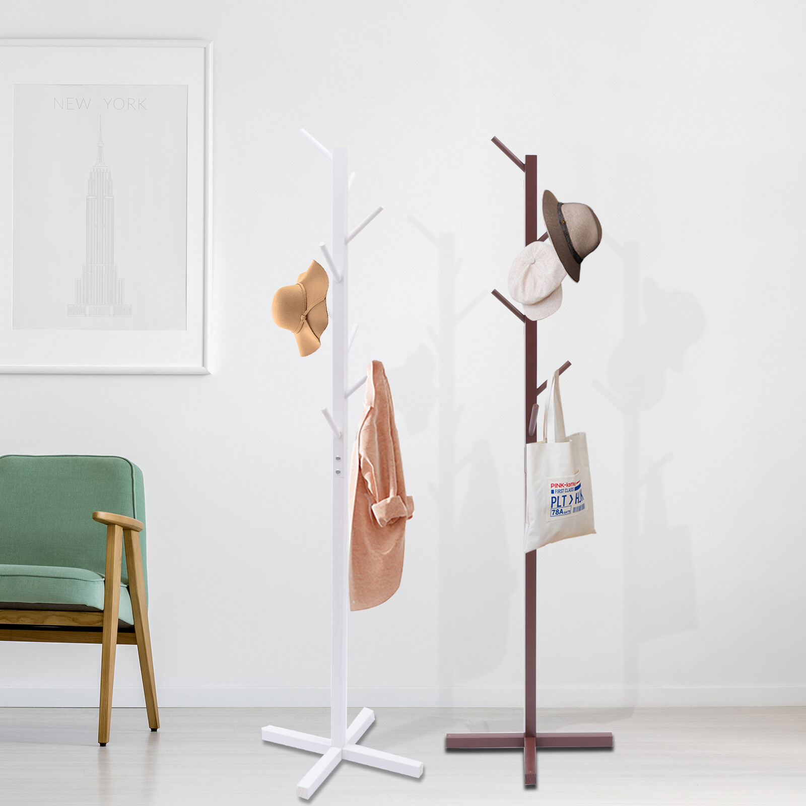 8 Hooks Coat Rack Hat Stand Tree Clothes Hanger Umbrella Holder Wood ...