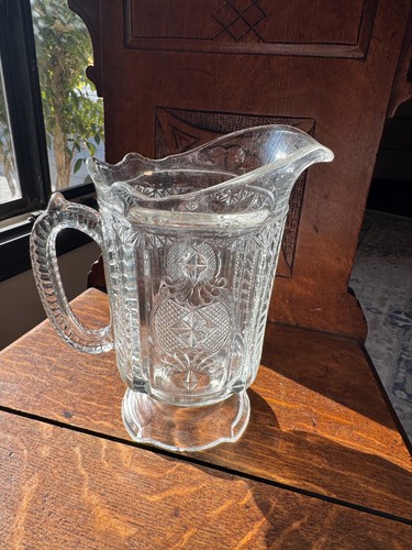 Antique EAPG Glass Water Pitcher With Starburst Design – 8" Tall Heavy ...