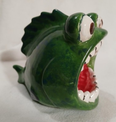 Green Fish Open Mouth Ceramic Trinket Dish Teeth & Big Bug-Eyes Signed ...