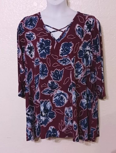 AVENUE*Purple w Blue Flowers Top*Size 26/28(3X)*V-Neck/ Strap*3/4 Slv ...