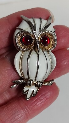 Vintage JJ Owl Pin Brooch White Enamel Red Ruby Rhinestone Eyes Gold ...