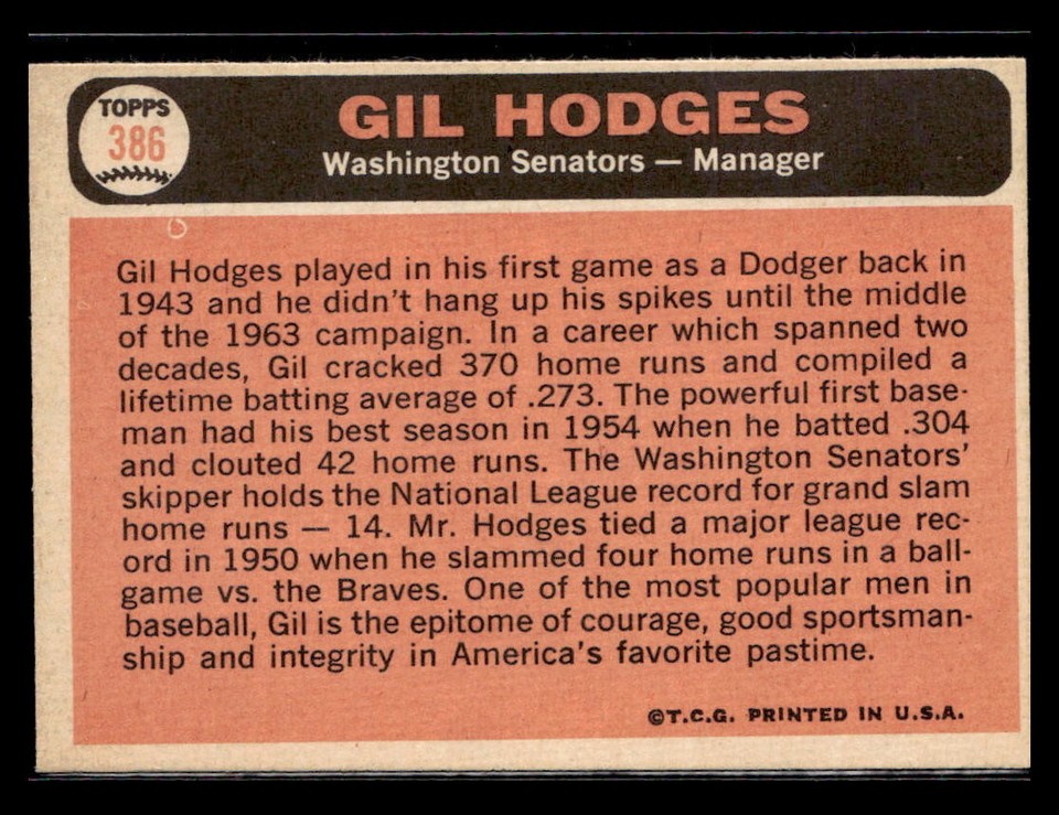 1966 Topps Baseball #386 Gil Hodges Card - EXMT #5128 | eBay