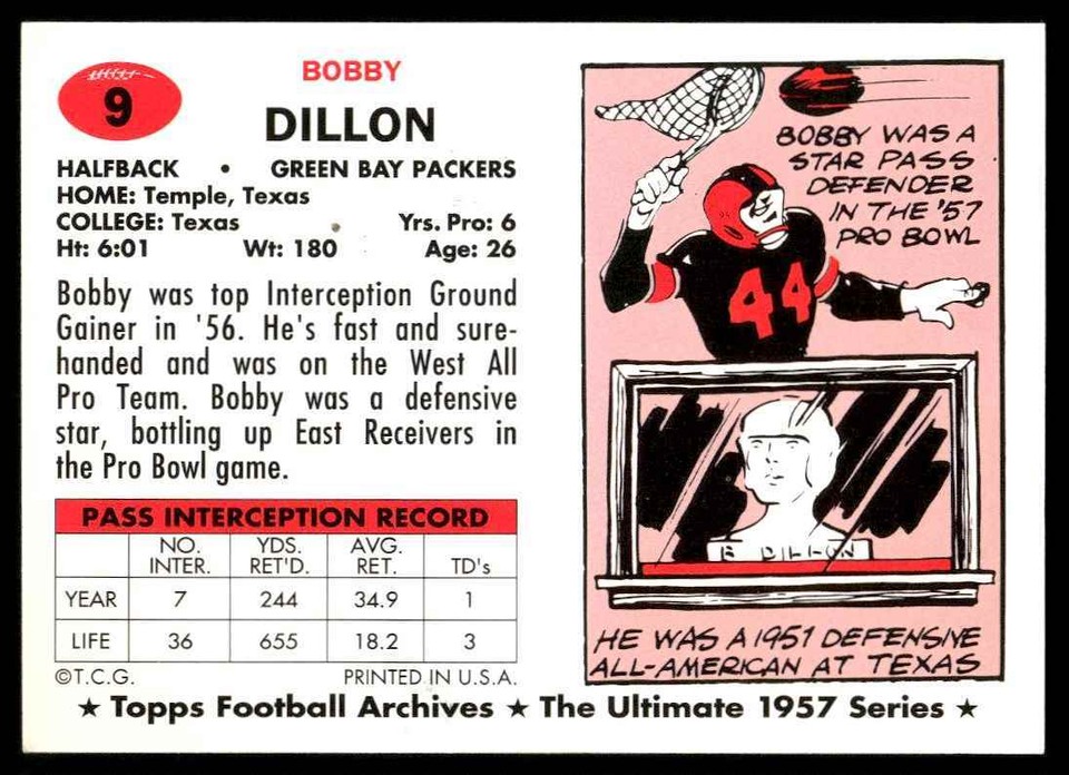 1957 Topps 1957 Reprint Bobby Dillon Auto Hand Signed Green Bay Packers ...