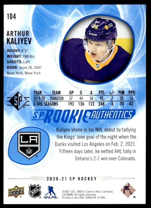 2020-21 SP Rookie Authentics Arthur Kaliyev Rookie Los Angeles Kings ...