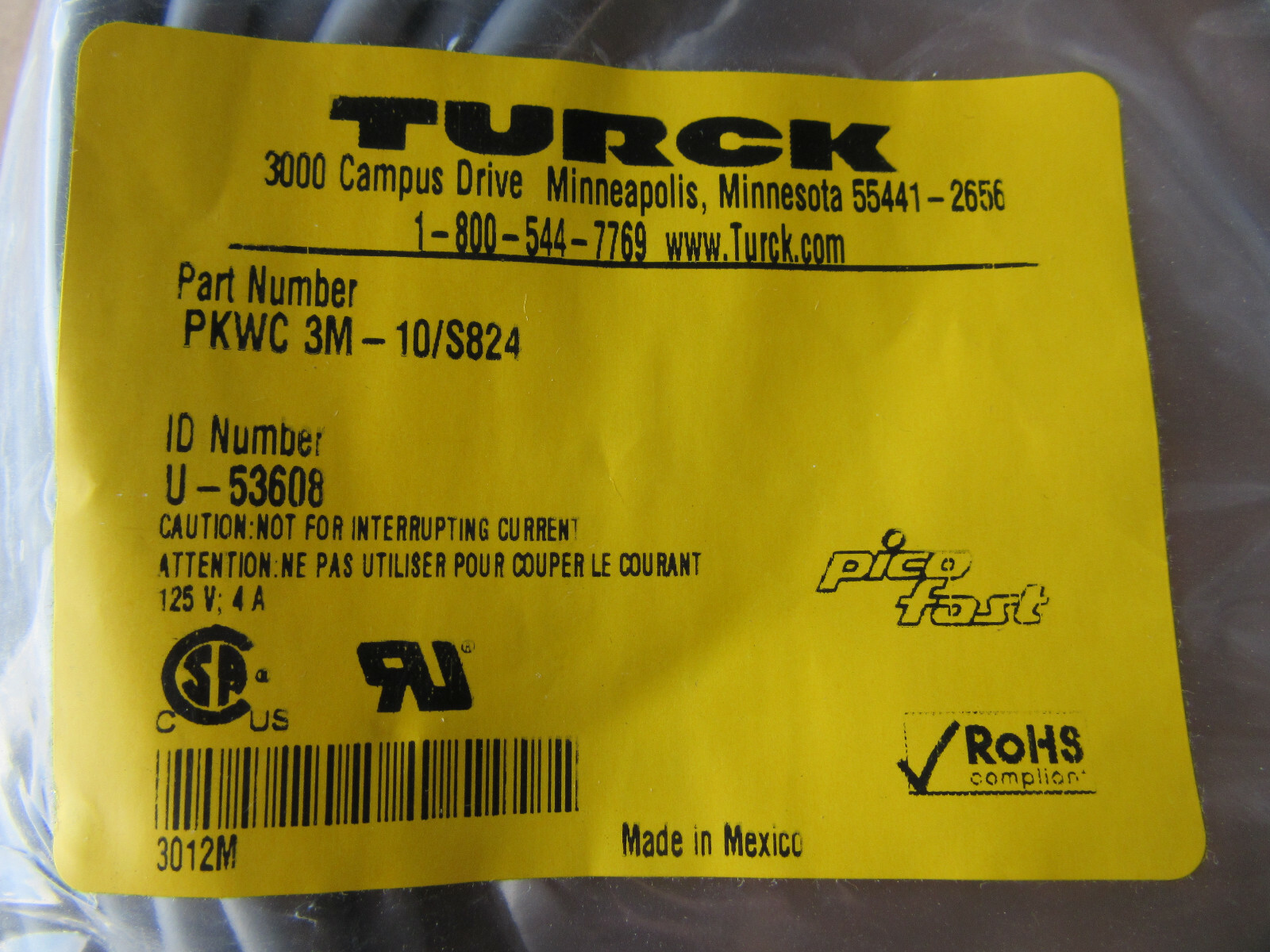 Turck PKWC 3M-10/S824 Pico Fast Cord Set ID U-53608 NEW!!! in Factory ...