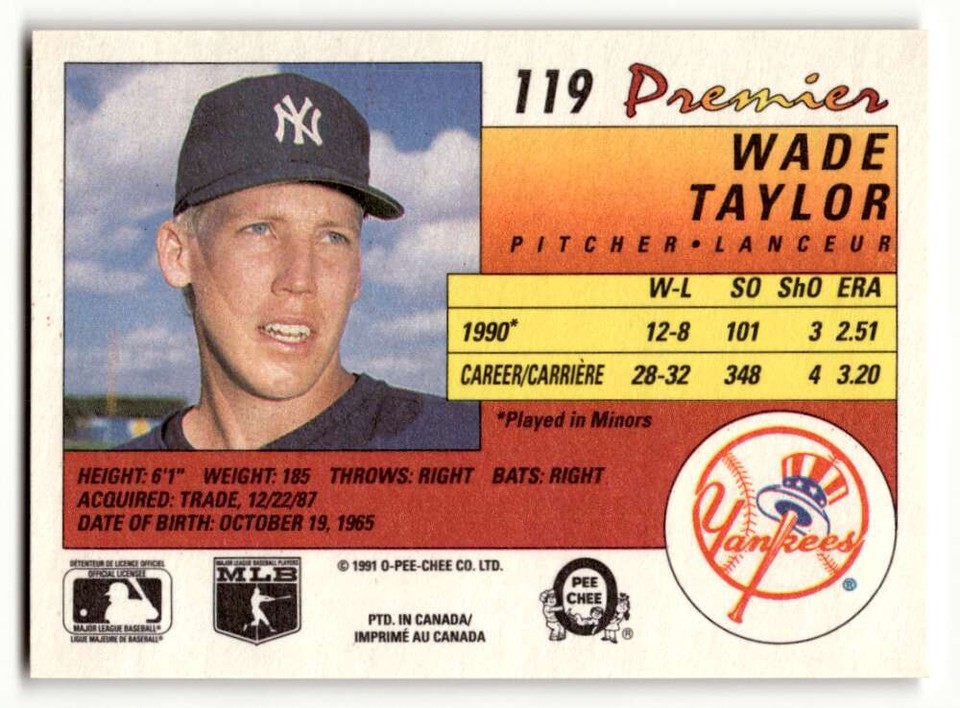 1991 O-Pee-Chee Premier #119 Wade Taylor New York Yankees Baseball C ID ...