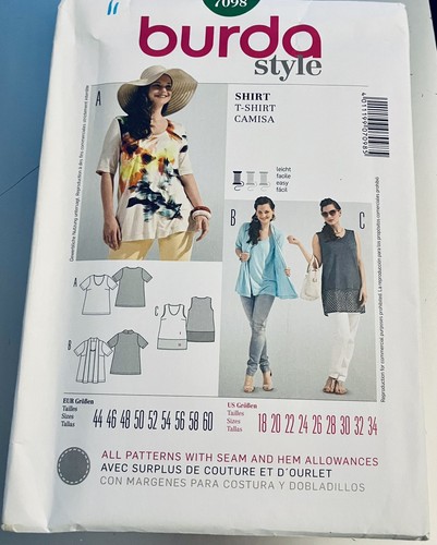 Burda 7098 Misses Flowy T-Shirt w/Sleeve Variations & Jacket Plus SZ 18 ...