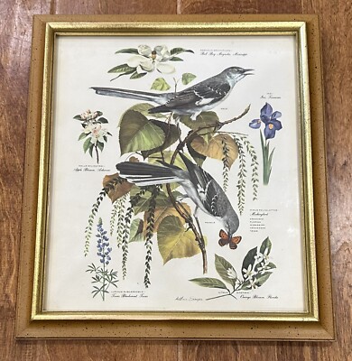 Roger Singer Signed W/Mockingbirds & Flowers Wood Frame Gold Accent 12 ...