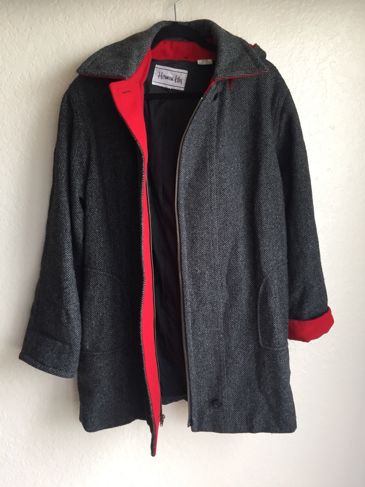Vintage Herman Kay Oversized Wool Coat Gray Red Deta… - Gem