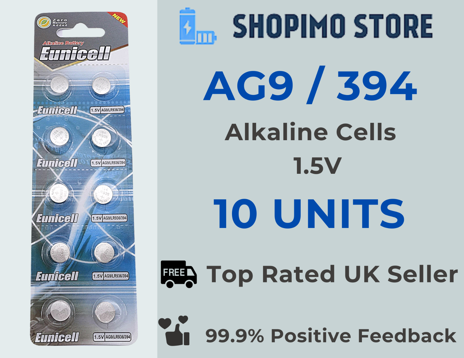 10 x AG9 LR936 G9 SR936W Alkaline Button Cell Coin Eunicell Batteries ...