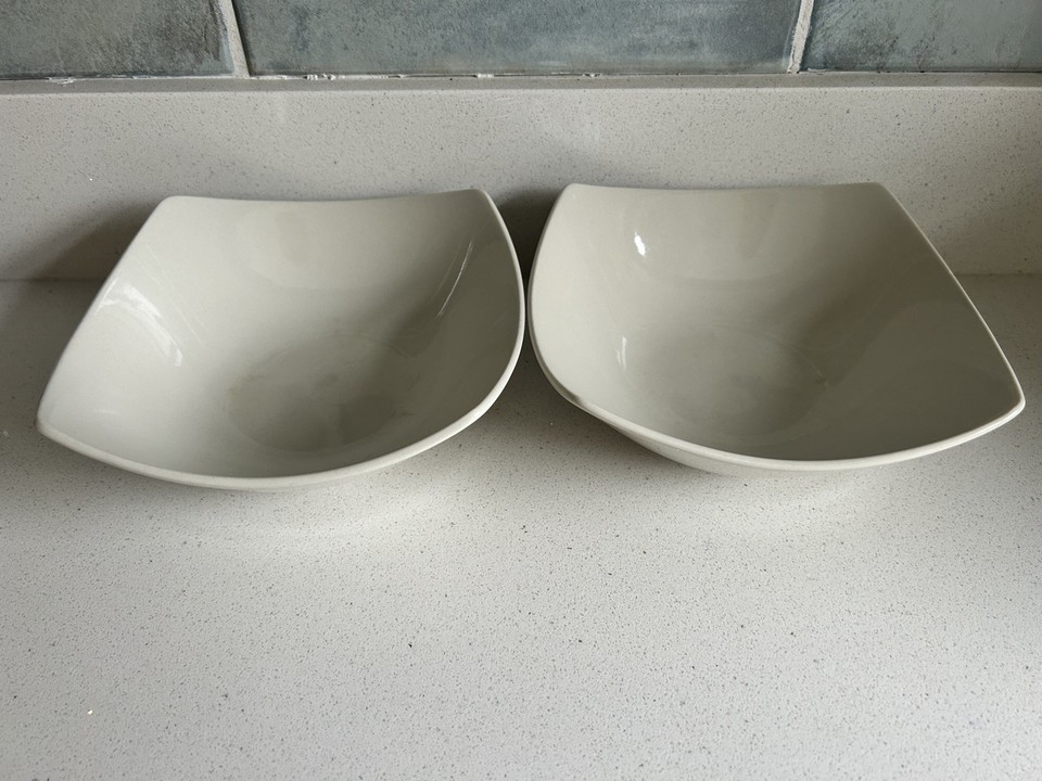 2 x M&S Andante Square stoneware soup/ Cereal Bowls Cream beige Marks ...
