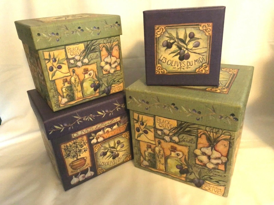 LANG BOB'S DECORATIVE BOXES - S/4 - 8" 7",6" & 5" SQ - OLIVES AND HERBS ...