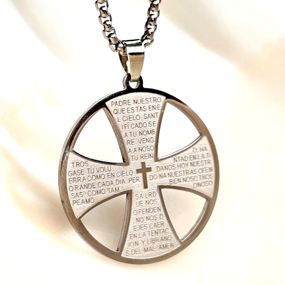 Lords Prayer Cross Pendant Necklace Templar Spanish Script Steel 22 ...