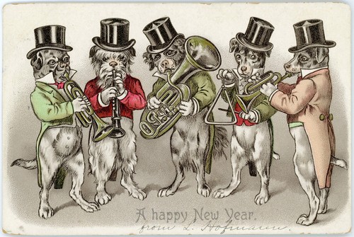 Antique 1905 Dog Holiday Postcard Canine Band of Pug Spaniel Terriers w ...