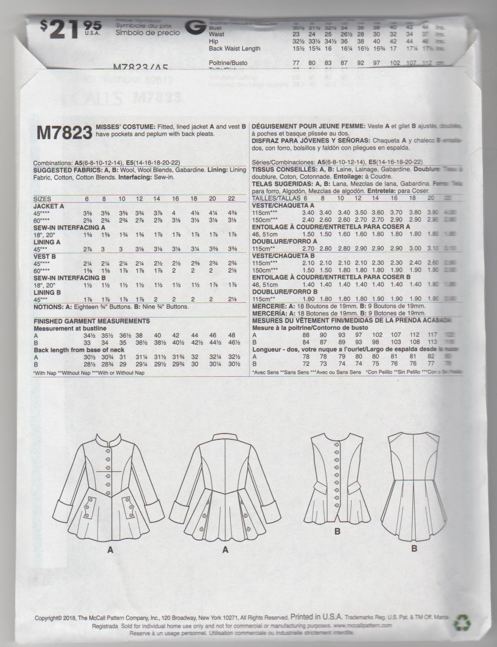 McCall's Sewing Pattern M7823 Outlander Claire Peplum Jacket & Vest ...