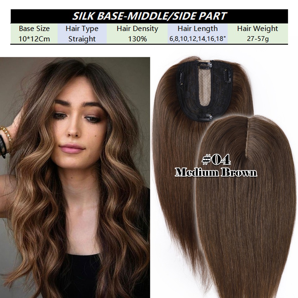 Real Remy Human Hair Toppers Toupee Extensions Clip in Top Middle Part ...