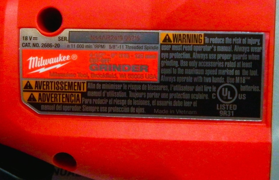 Milwaukee M18 2686-20 4-1/2" Cordless Grinder Cut off Bare Tool 18-Volt ...